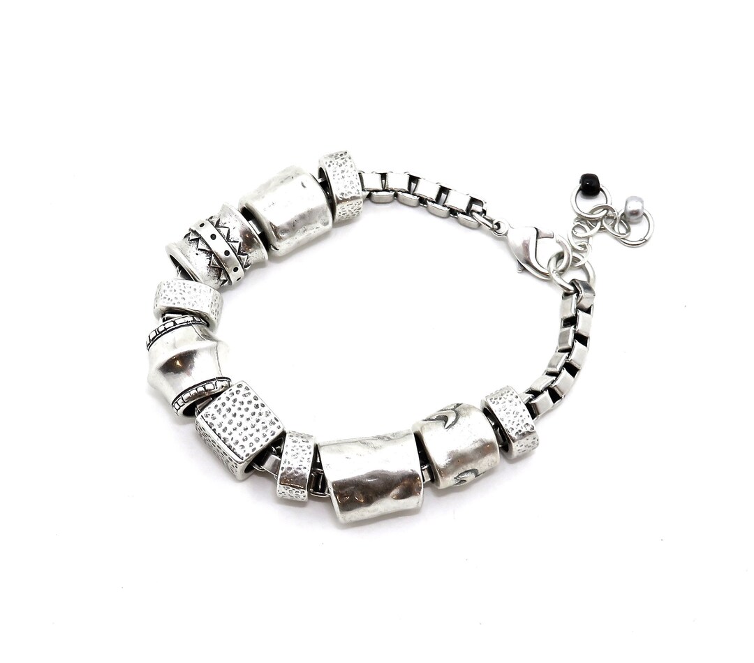 Chunky Silver Bracelet | Chunky Silver Beads Bracelet | Antiqued Silver ...