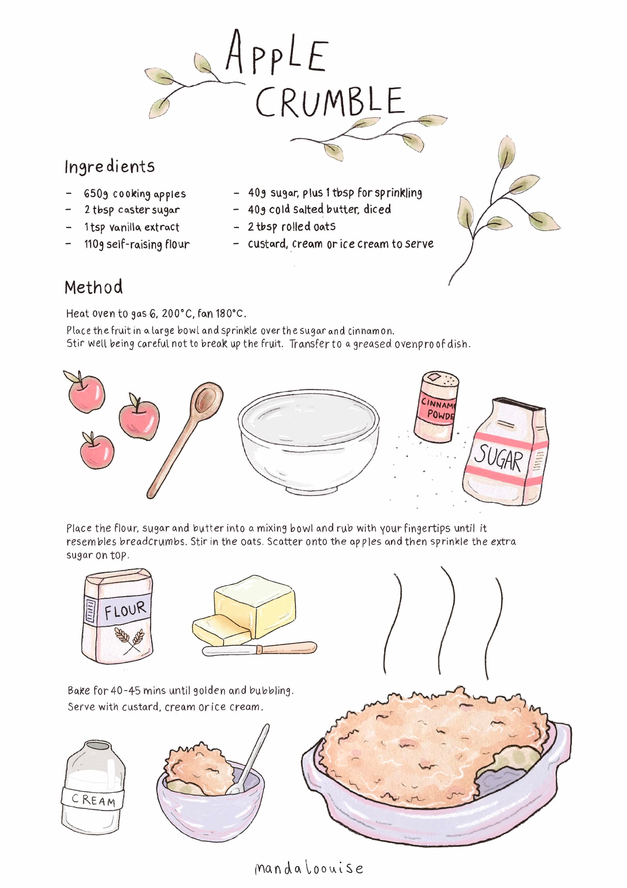 Cute Illustrated A5 A4 Apple Crumble Recipe Cottagecore | Etsy