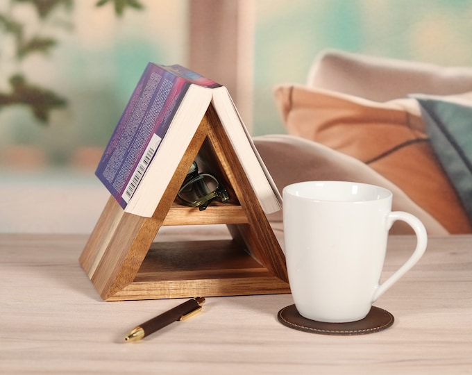 Wooden Triangle Book Holder With Cup Holder | Custom Engraved | Table ...