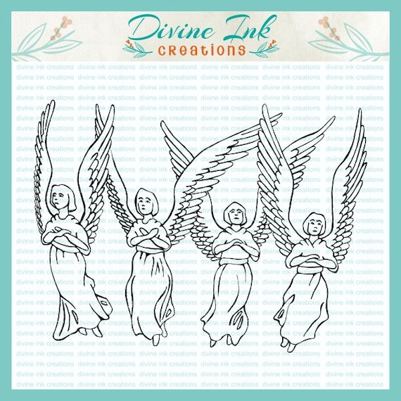 Four Angels Hand Drawn Christian Digital Stamp Illustration | Etsy