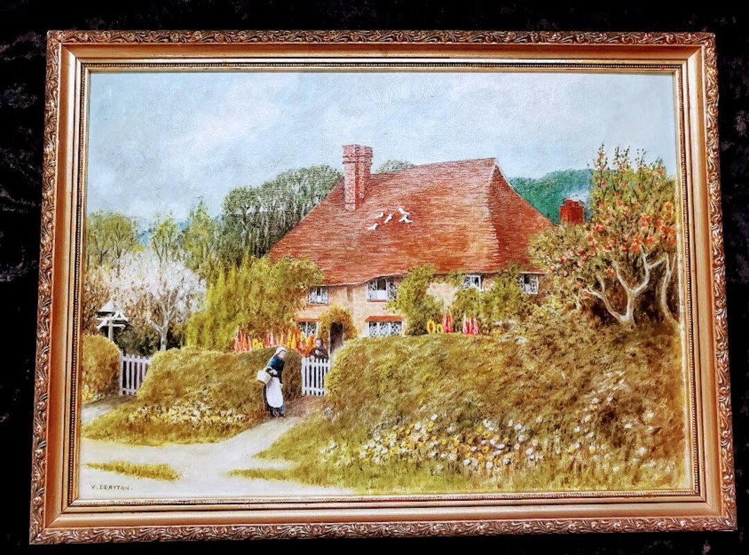 Painting Oil on Board Cottage Scene by V Drayton From the Watercolour ...