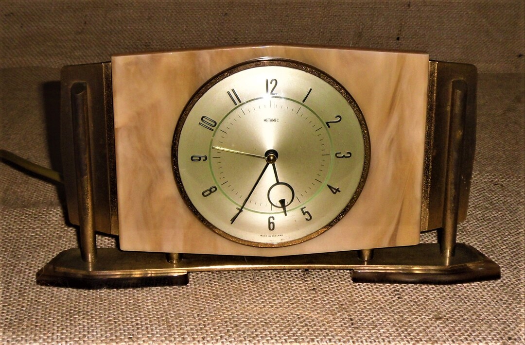 Clock Mantel Electric by Metamec 1950s Faux Onyx and Brass, All ...
