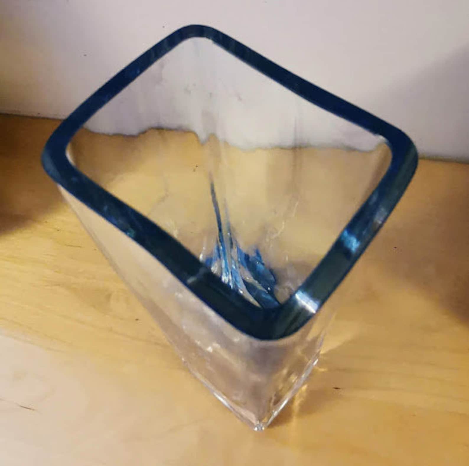 Vintage Heavy Flat Rectangular Blue and Clear Glass Vase Hand Blown - Etsy