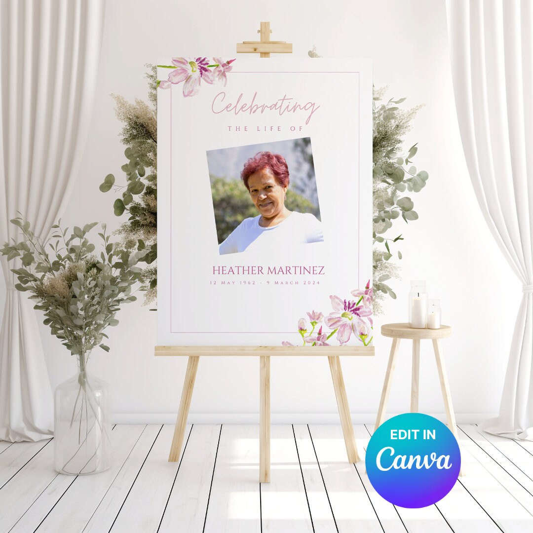 Editable Canva Template Magenta Floral Funeral Sign, Funeral Tribute ...