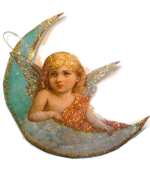 Angel Ornament Decoration Vintage Imagery Blue Pink Gold - Etsy