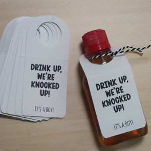 Drink Up, We're Knocked Up! Baby Announcement, Mini Alcohol Tags ...
