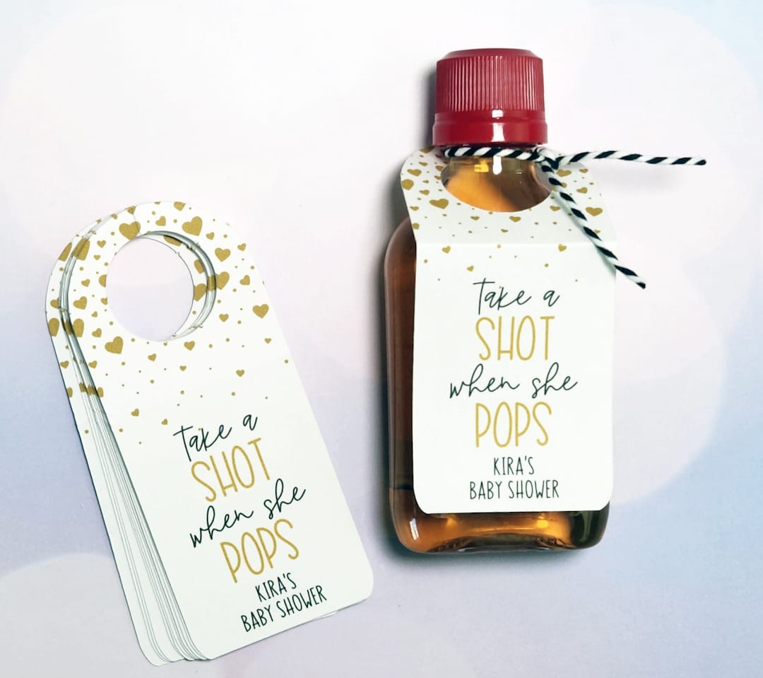 Take a Shot When She Pops, Baby Shower Favor Bottle Tags, Gender Reveal ...