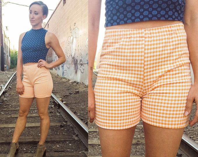 1970's Houndstooth Shorts Retro HIGH WAIST Neon Orange & White Plaid ...