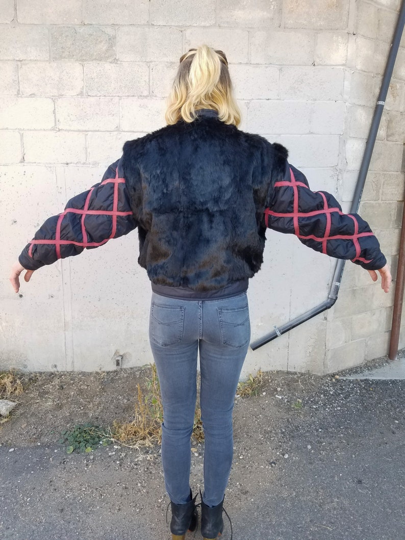 1980's Fur MOTORCYCLE Bomber Jacket QUILTED Black RABBIT Fur Chubby ...