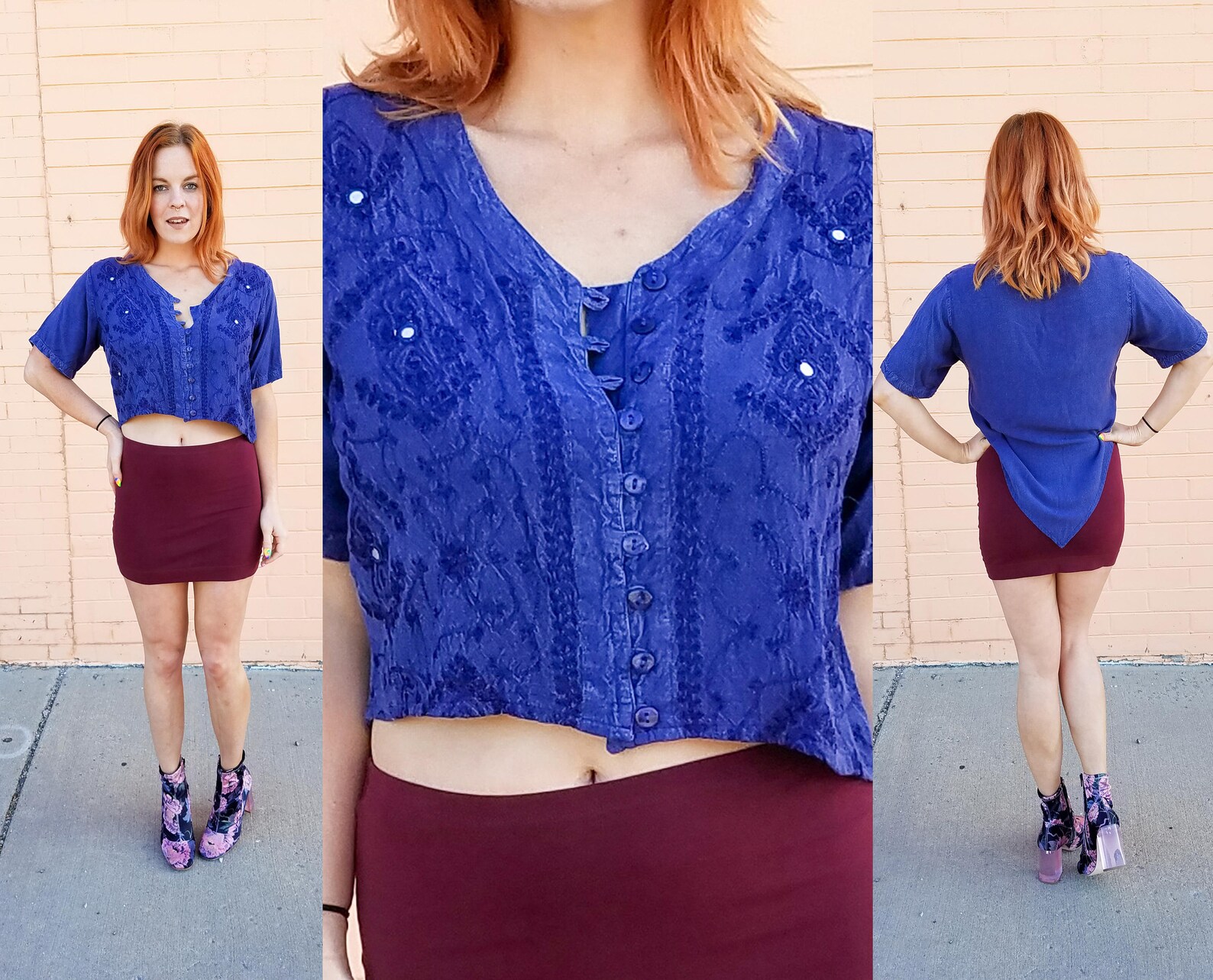 90's FLORAL Embroidered Fishtail Blouse Midriff Crop Top INDIGO Hippie ...