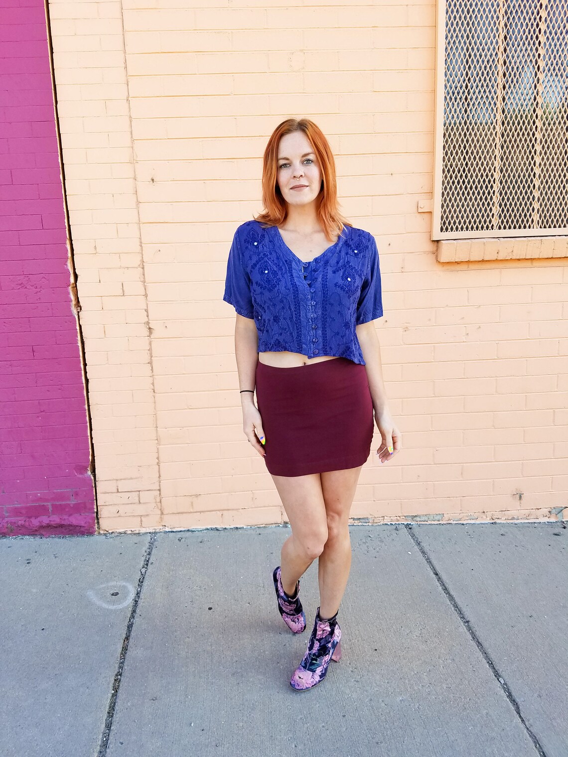 90's FLORAL Embroidered Fishtail Blouse Midriff Crop Top INDIGO Hippie ...