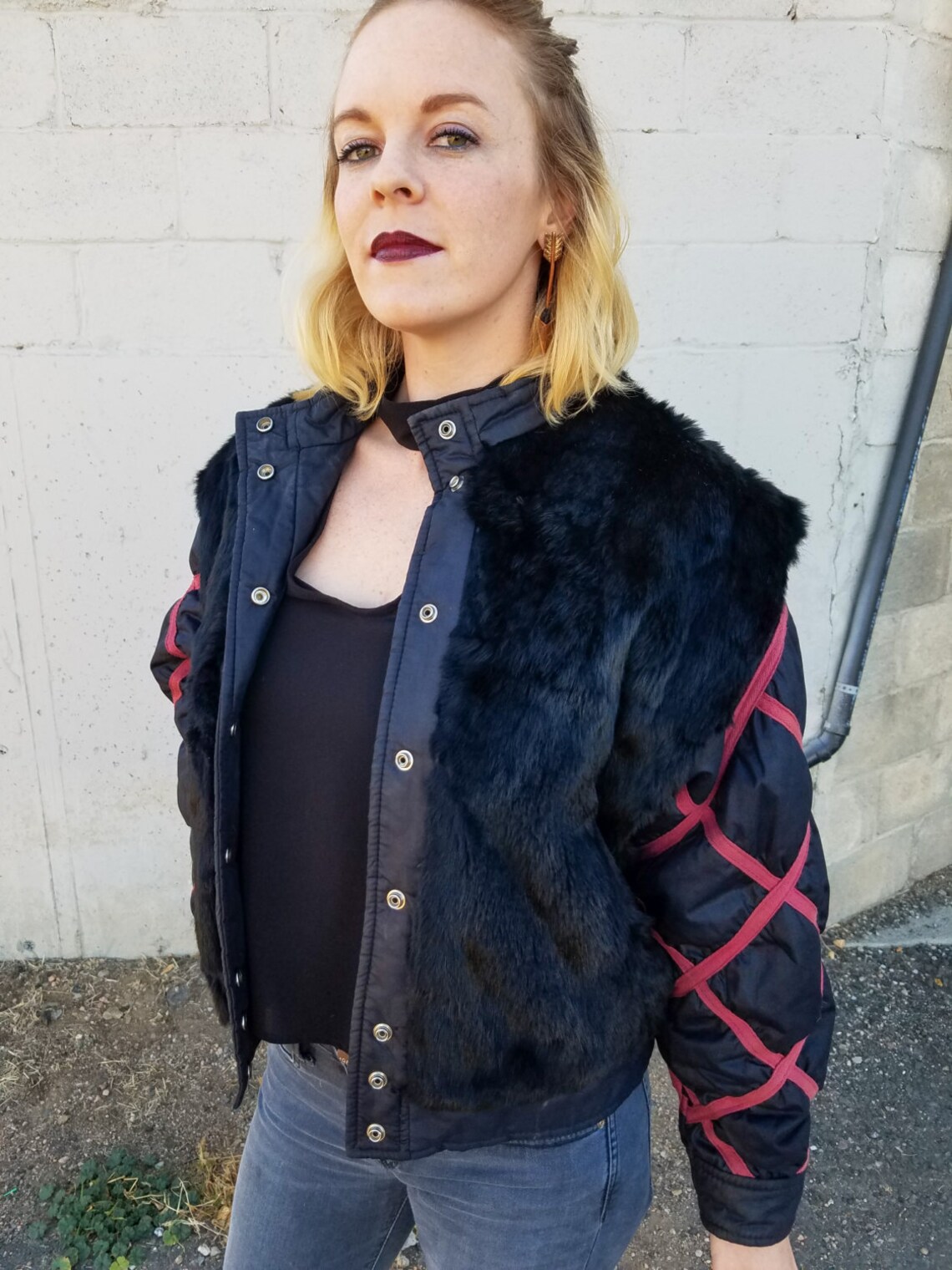 1980's Fur MOTORCYCLE Bomber Jacket QUILTED Black RABBIT | Etsy