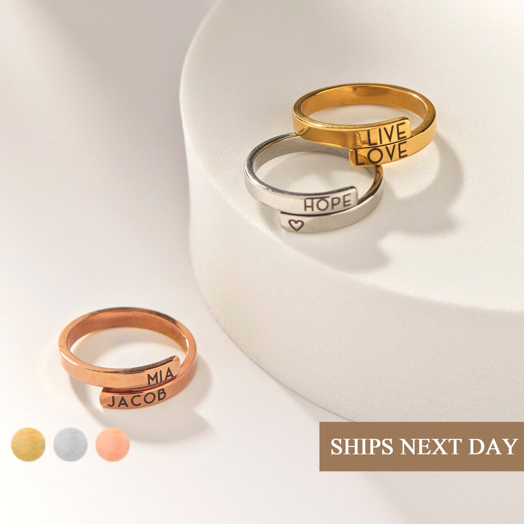 Custom Wrap Around Name Initial Date Message Engraved Women Stackable ...