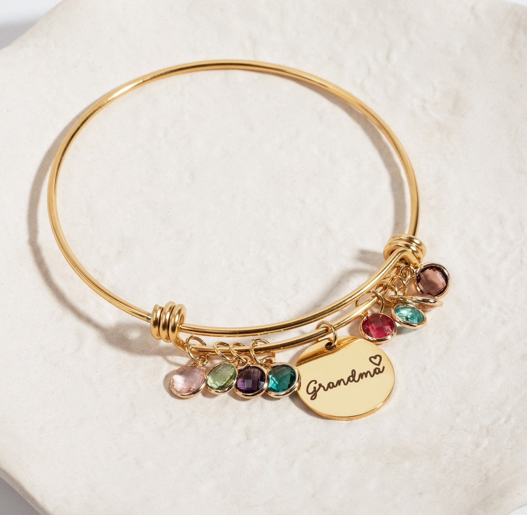 Grandma Birthstone Bangle Bracelet, Children Birthstone Gift for Mom ...