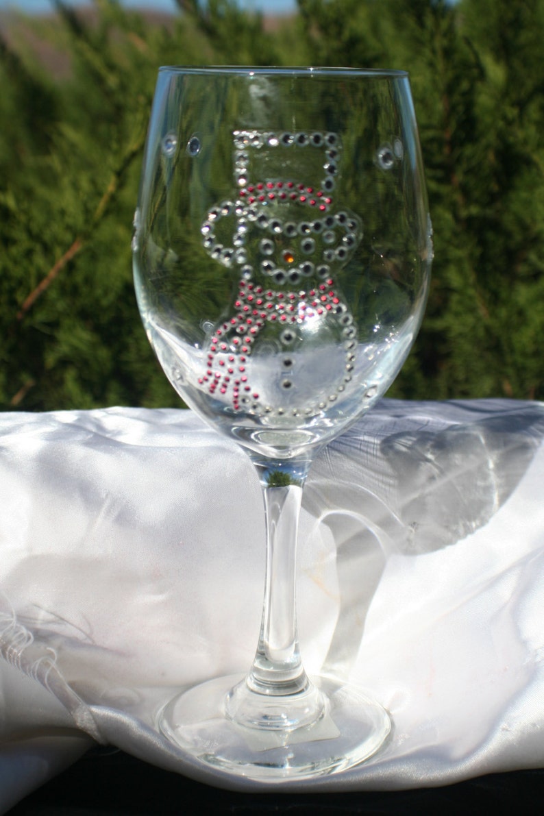 Rhinestone Snowman Made in USA lg wine Glass Free - Etsy