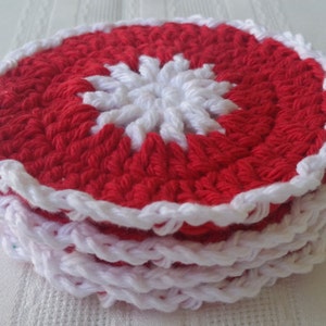 Cotton Round Coasters, 4 Red Coaster Set, Cotton Coasters, Crochet ...