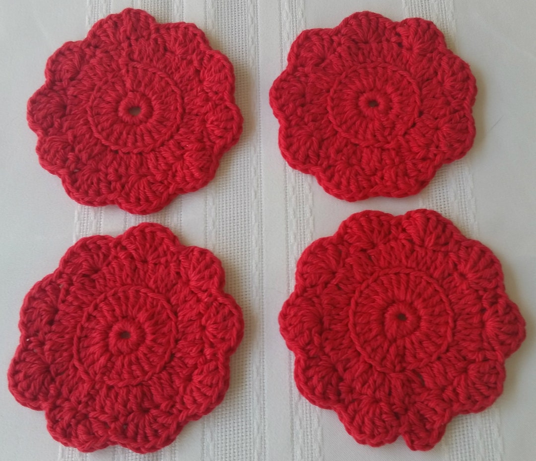 Cotton Round Coasters 4 Red Coaster Set Cotton Coasters - Etsy
