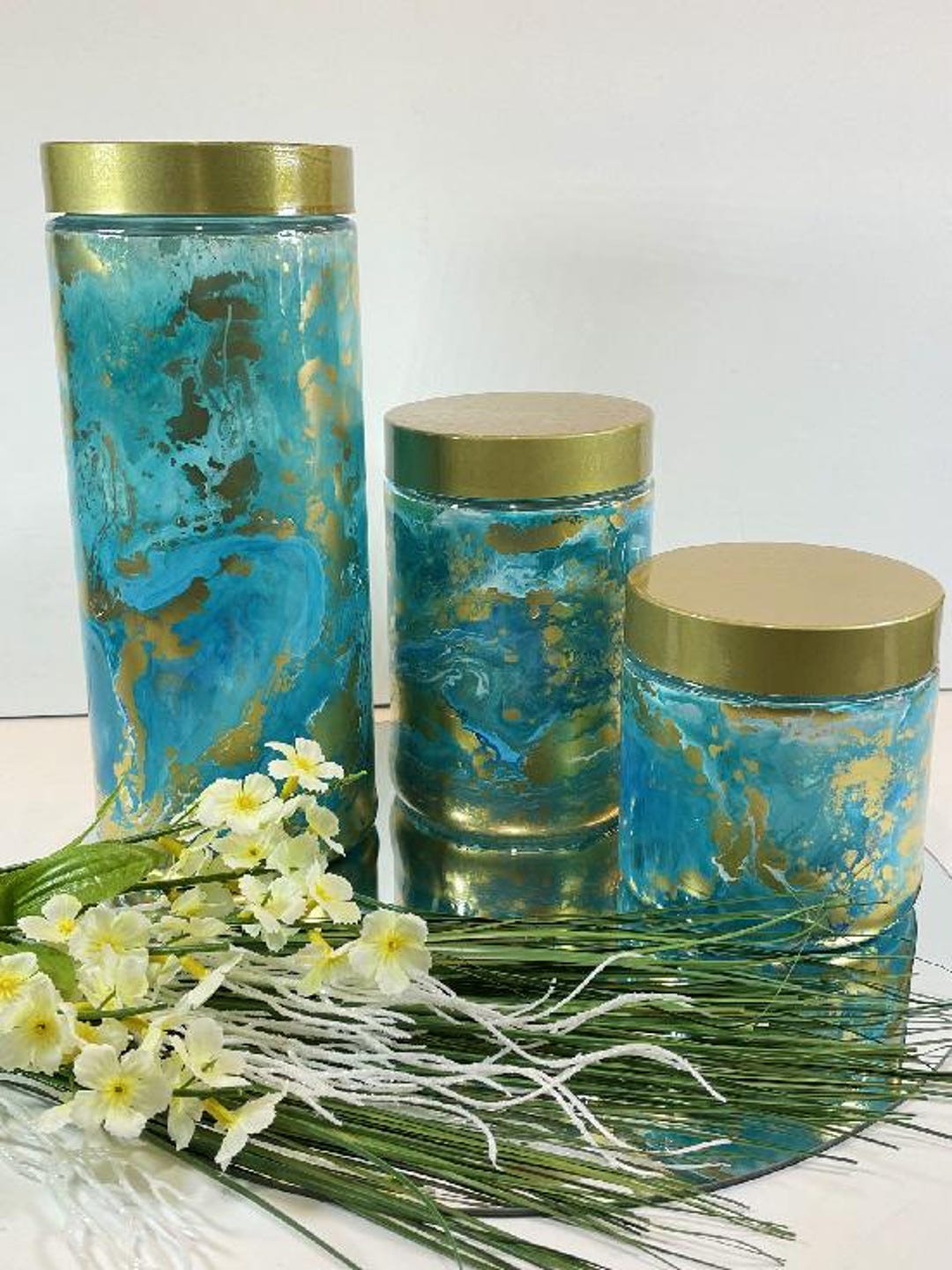 Beautiful Set of Glass Canisters, Resin Pour, Canisters With Lids ...