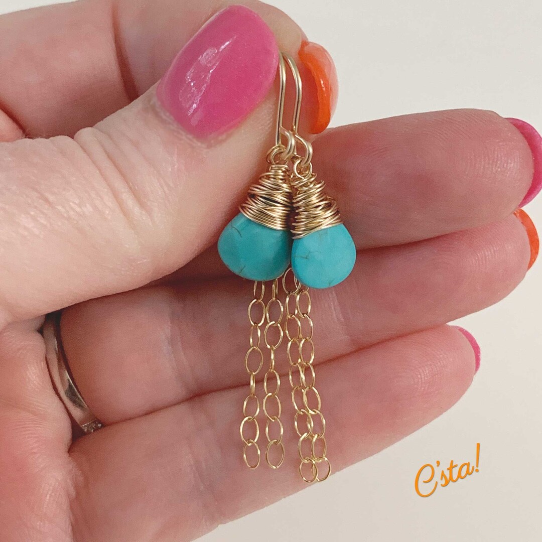 Small Turquoise Dangle Earrings, 14k Gold Filled, Wire Wrapped ...