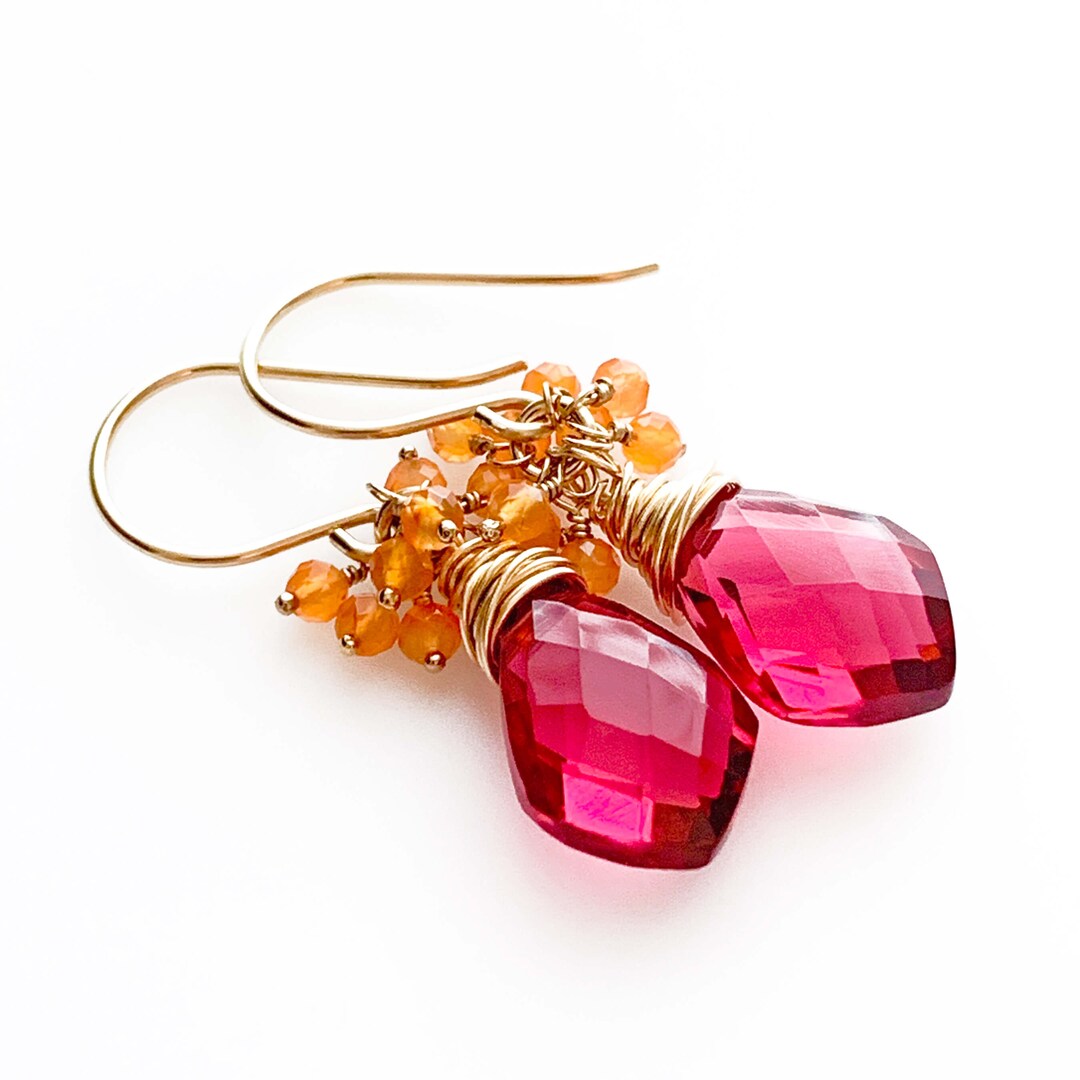 Pink and Orange Earrings, Magenta Drop Earrings, Gemstone Dangle ...