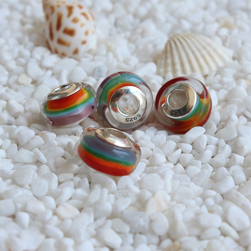925 Silver Rainbow Vivid Color Glaze Bead Hole Lampwork Art Glass Beads ...