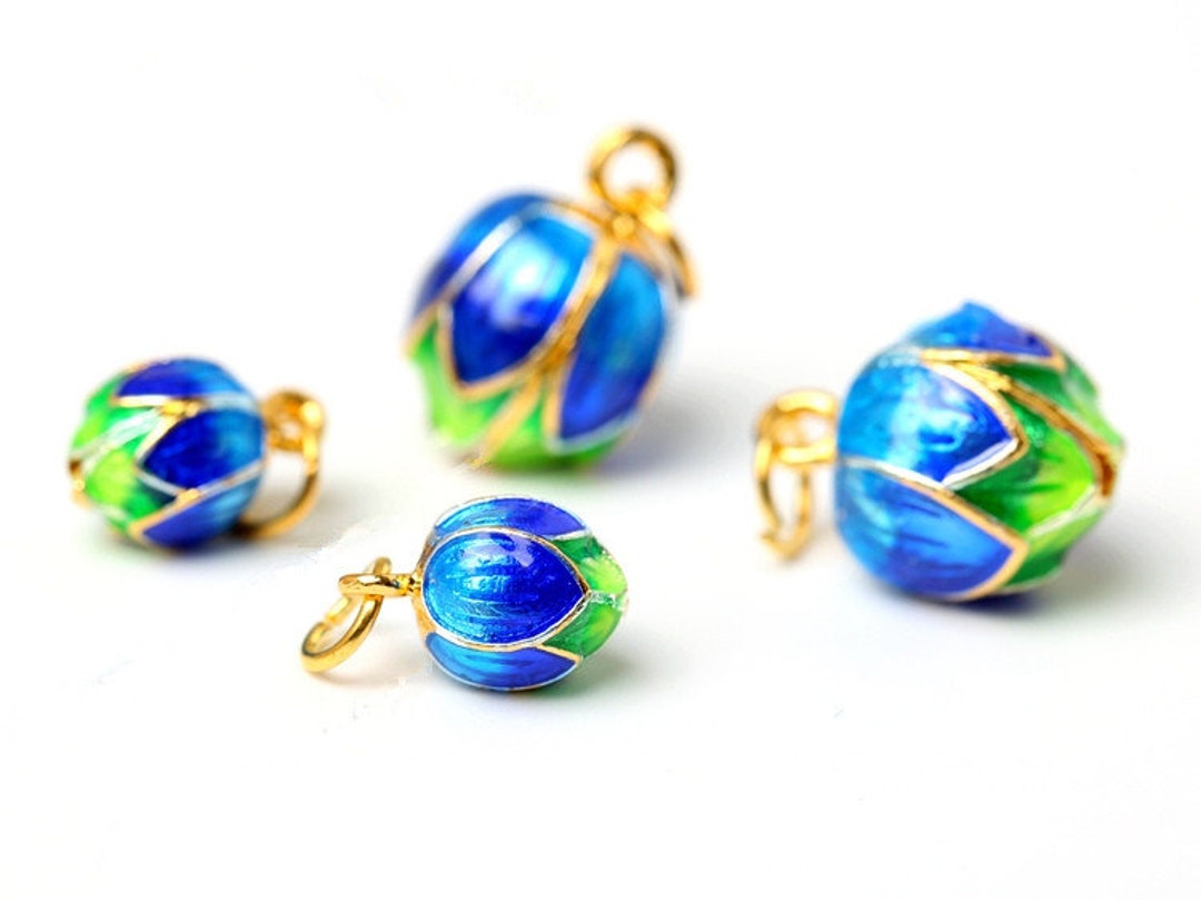 Cloisonne Bead Lotus Flower Bead Pendant Blue Enamel Alloy Gold Plating ...