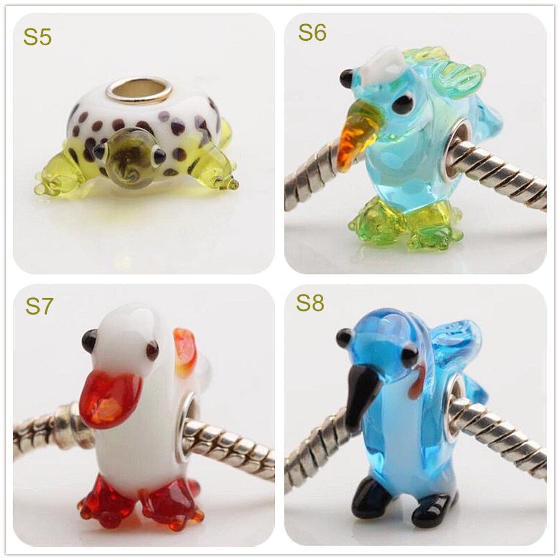 925 Silver 4.5mm Hole Lampwork 7x14mm Glass Bead Animal Bead Fit ...