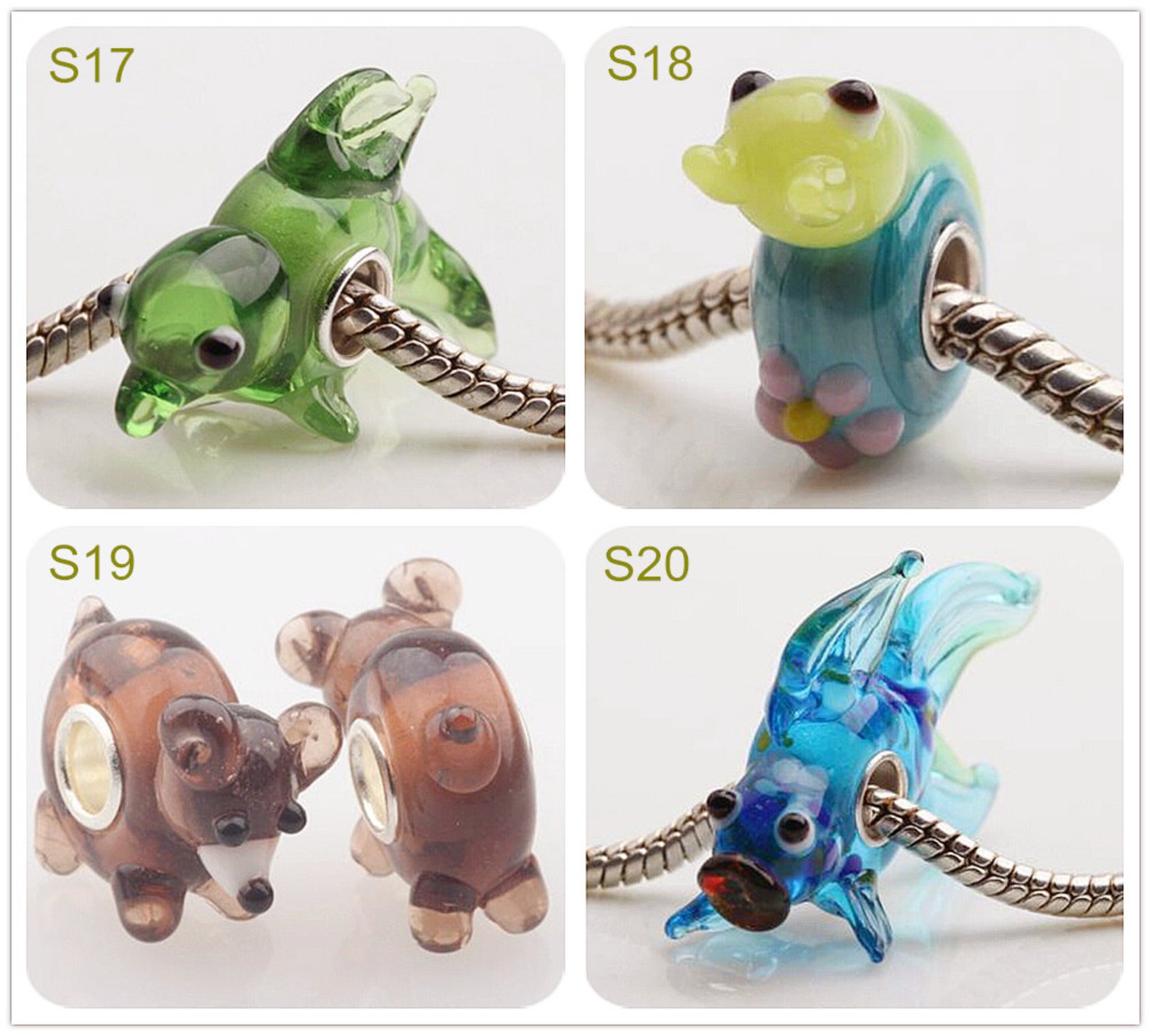 925 Silver 4.5mm Hole Lampwork 7x14mm Glass Bead Animal Bead Fit ...