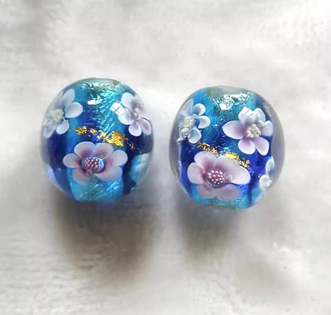 Lampwork 16mm 18mm 20mm Blue Flower Beads Ball Bead Flower Glass Beads ...