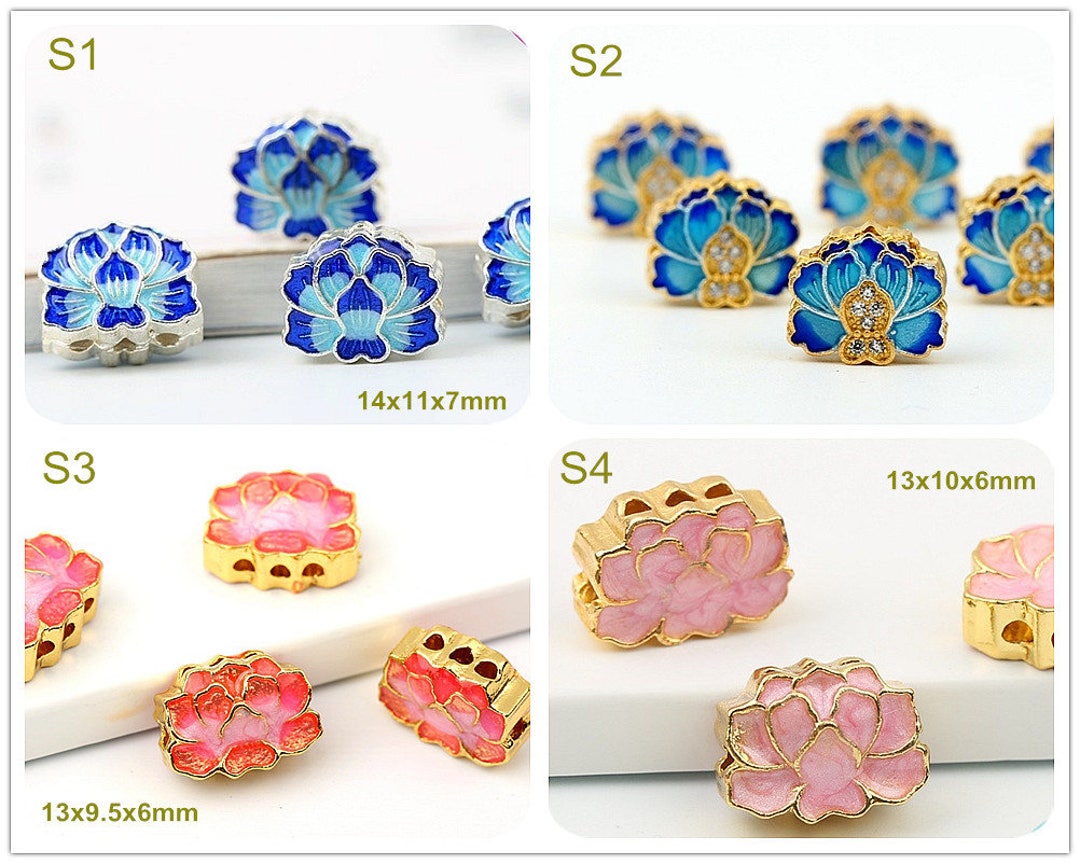 Cloisonne Bead Blue Pink Lotus Flower Bead Multi Hole Beads Enamel Fine ...