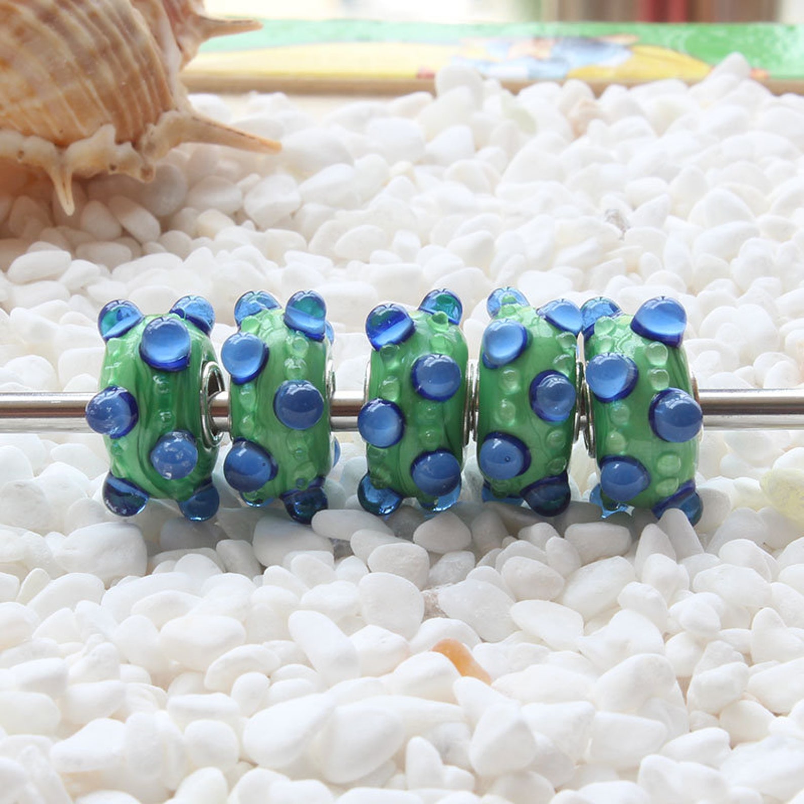 925 Silver Shaped Dots Glaze Bead Hole Green Blue Lampwork Art Glass ...