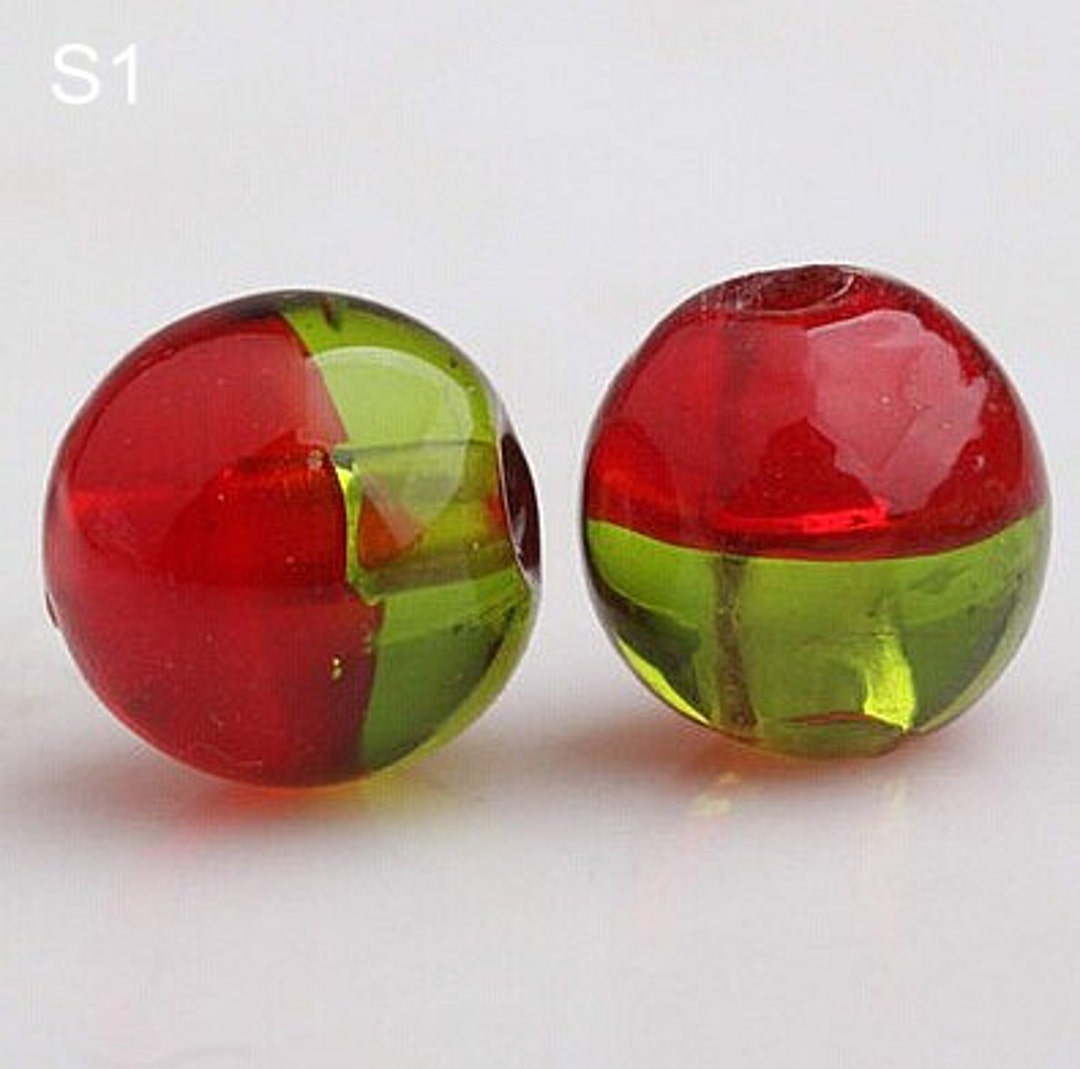 Two Pieces of Lamp Work 12mm 10mm Beads Ball Bead Double Color Glass ...
