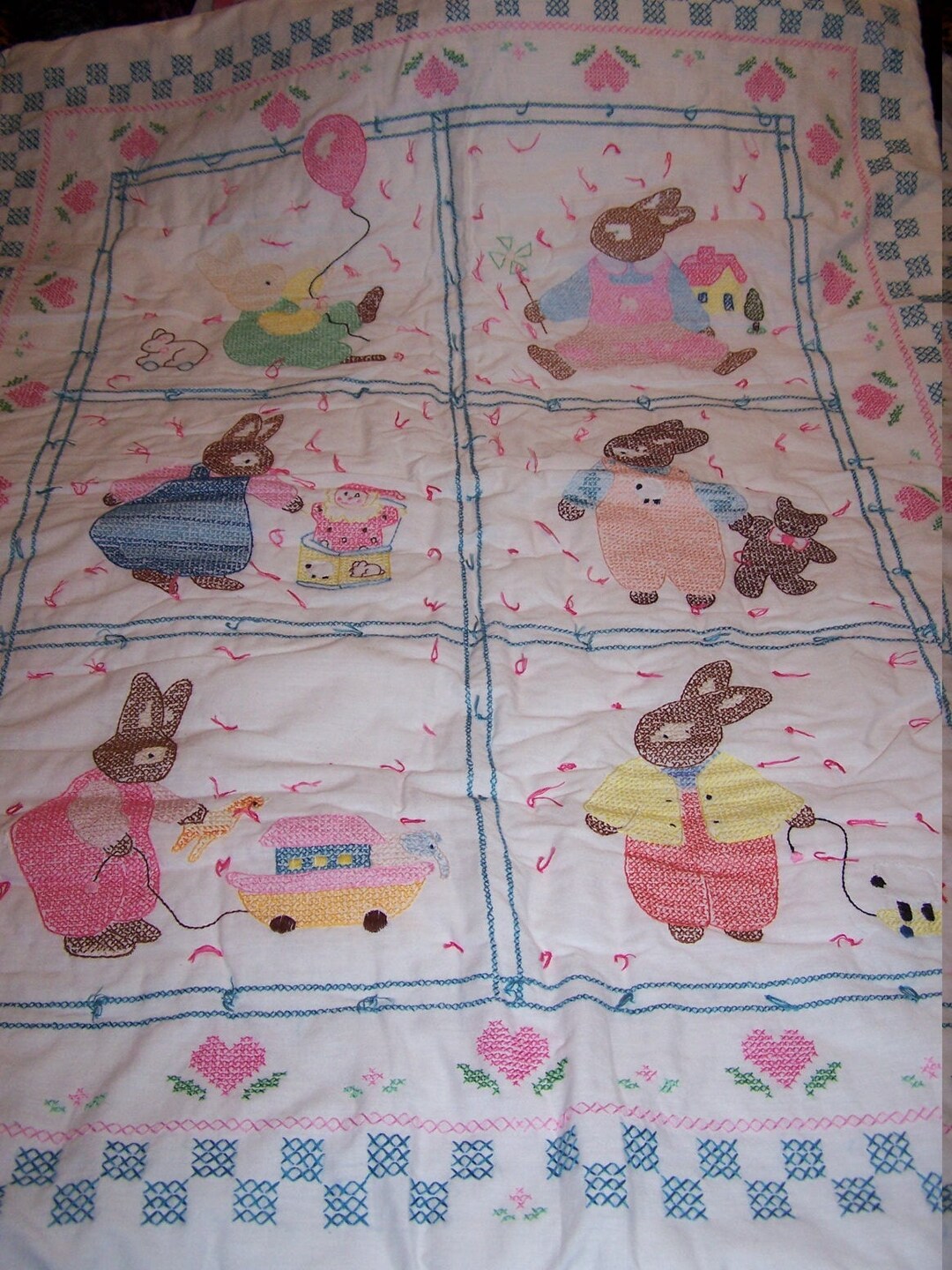 Bunny Rabbits/baby/infant Blanket/quilt/cross Stitched 3' X 5' - Etsy