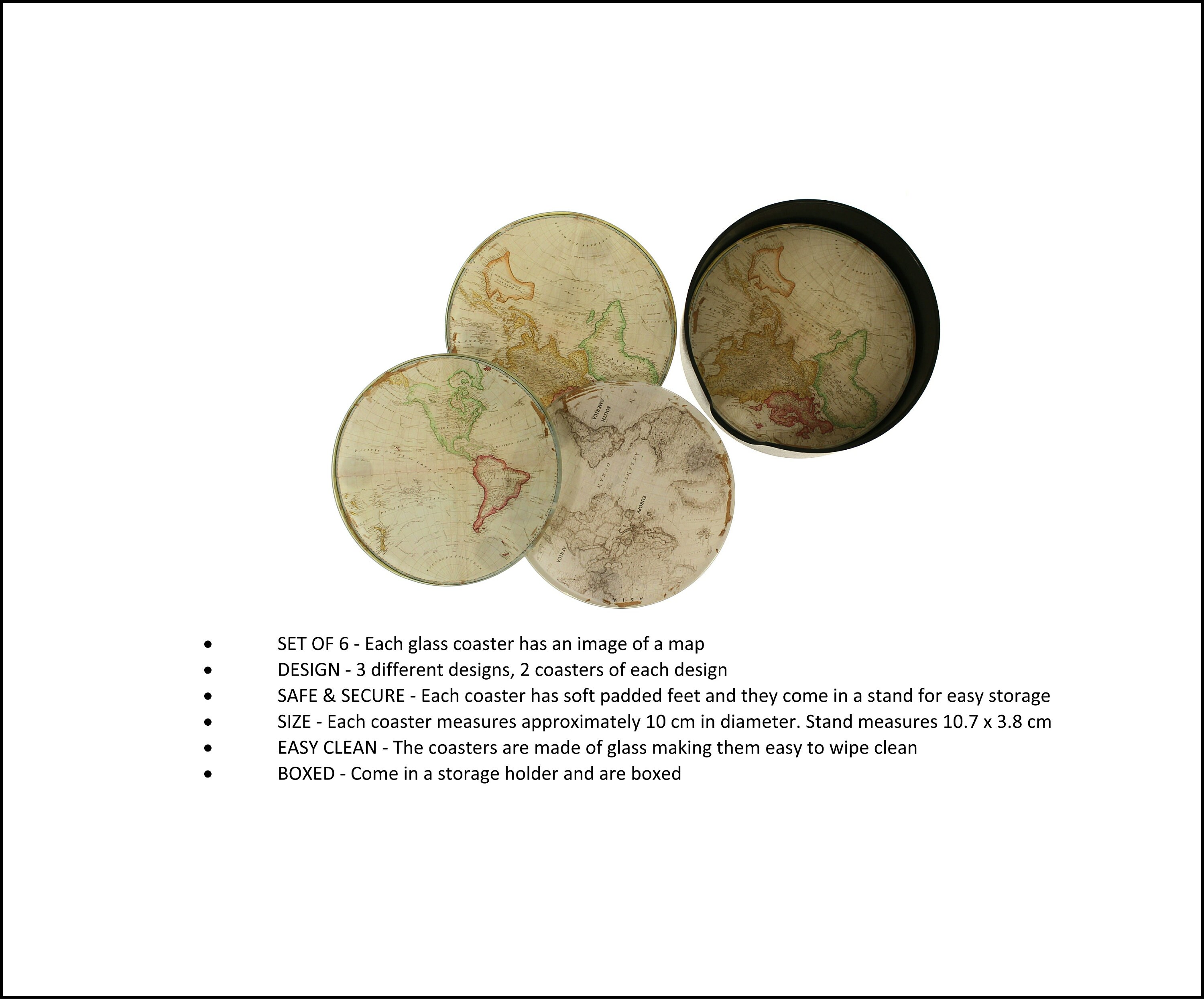 Set of 6 World Map Coasters in Stand - 3 Designs - Great Gift Idea ...