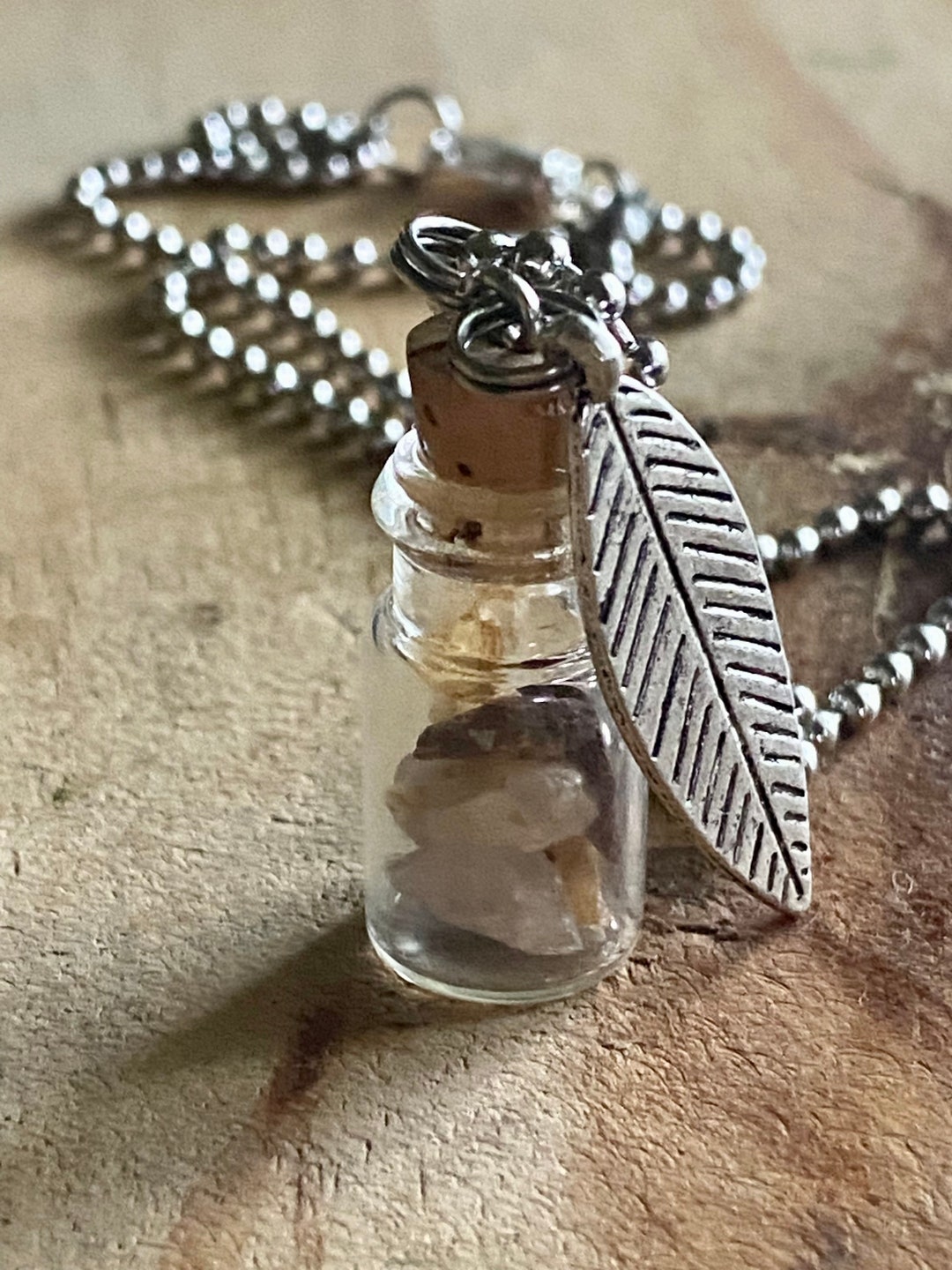 Gemstone Chip Vial Necklace: Boho Feather Pendant, Stainless Steel ...