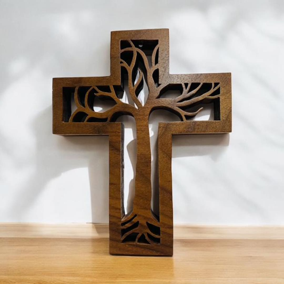 Handmade Tree of Life Cross: Walnut or Cherry Wood, Wall or Table Decor ...