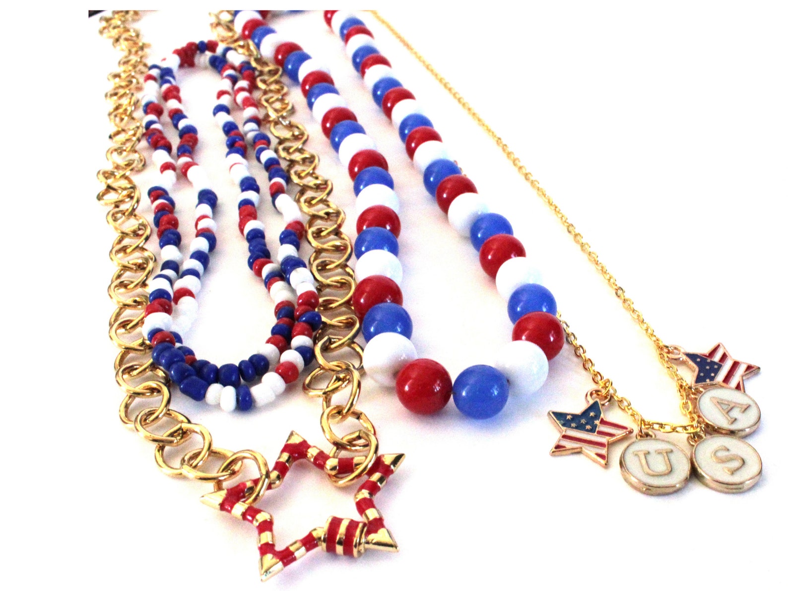 Patriotic Red, White & Blue Layered Necklace Neck Mess, Made With Mixed ...