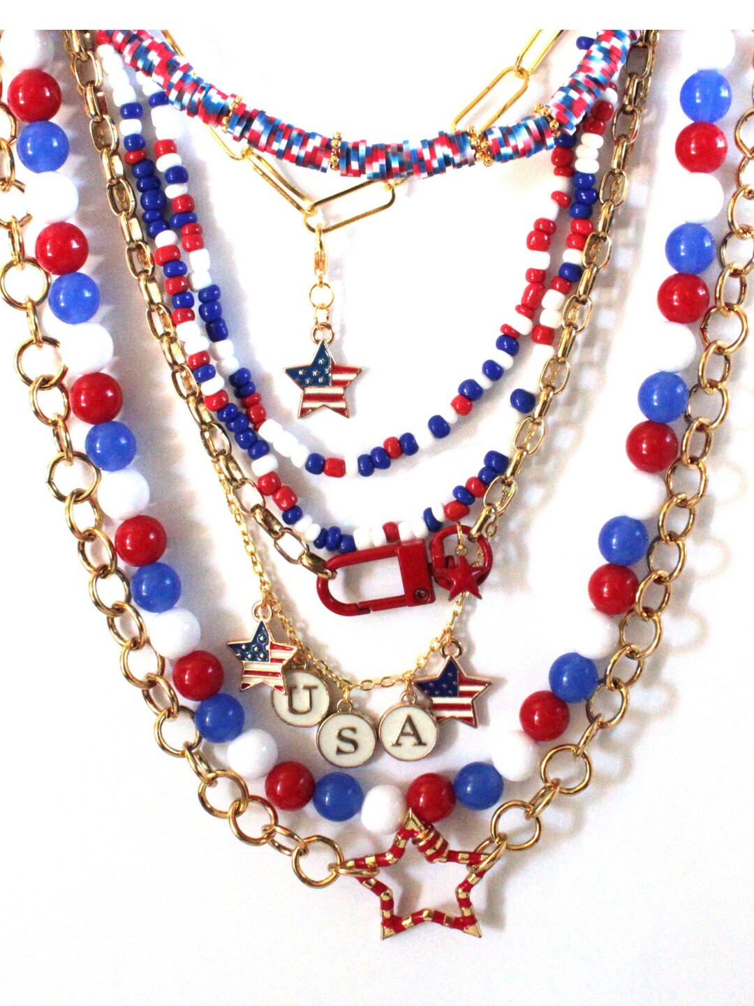 Patriotic Red, White & Blue Layered Necklace Neck Mess, Made With Mixed ...