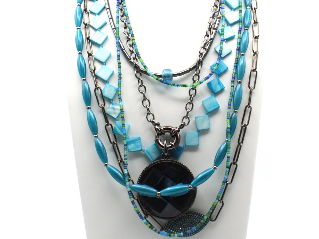 Gunmetal & Blue Layered Necklace Neck Mess, Made With Mixed Materials ...
