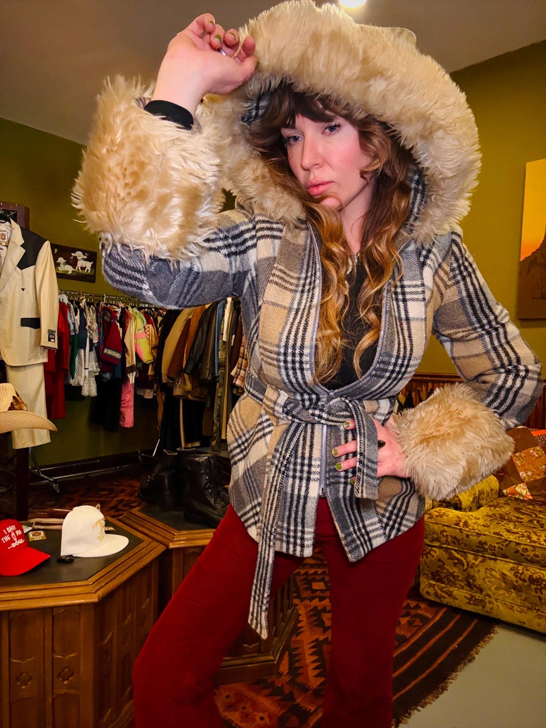 60’s Plush Shearling Neutral Plaid Penny Lane Coat - Etsy
