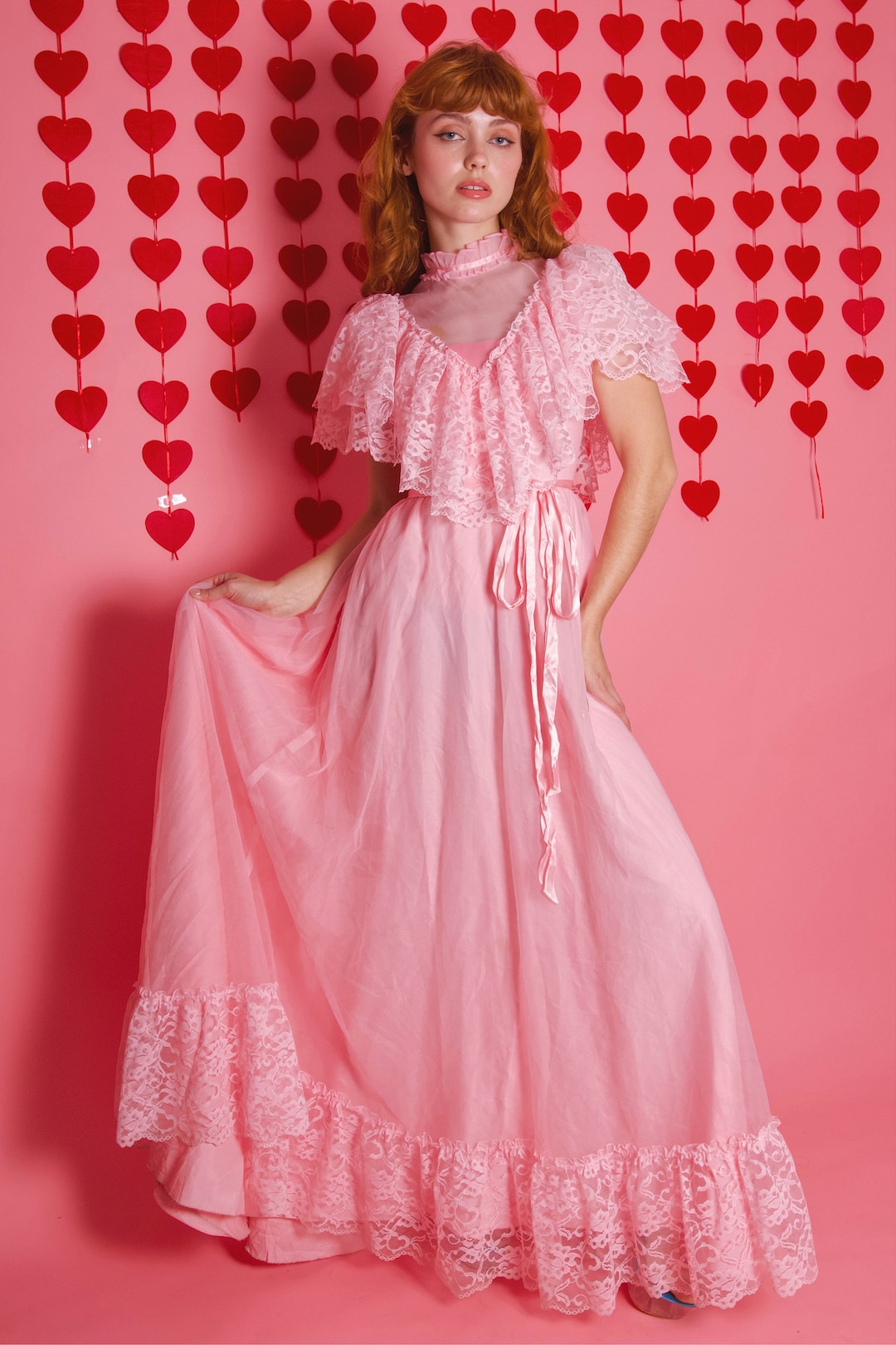 Vintage 'DANCE ALLURE' High Collar Pink Lace 70's Prom Dress - Etsy