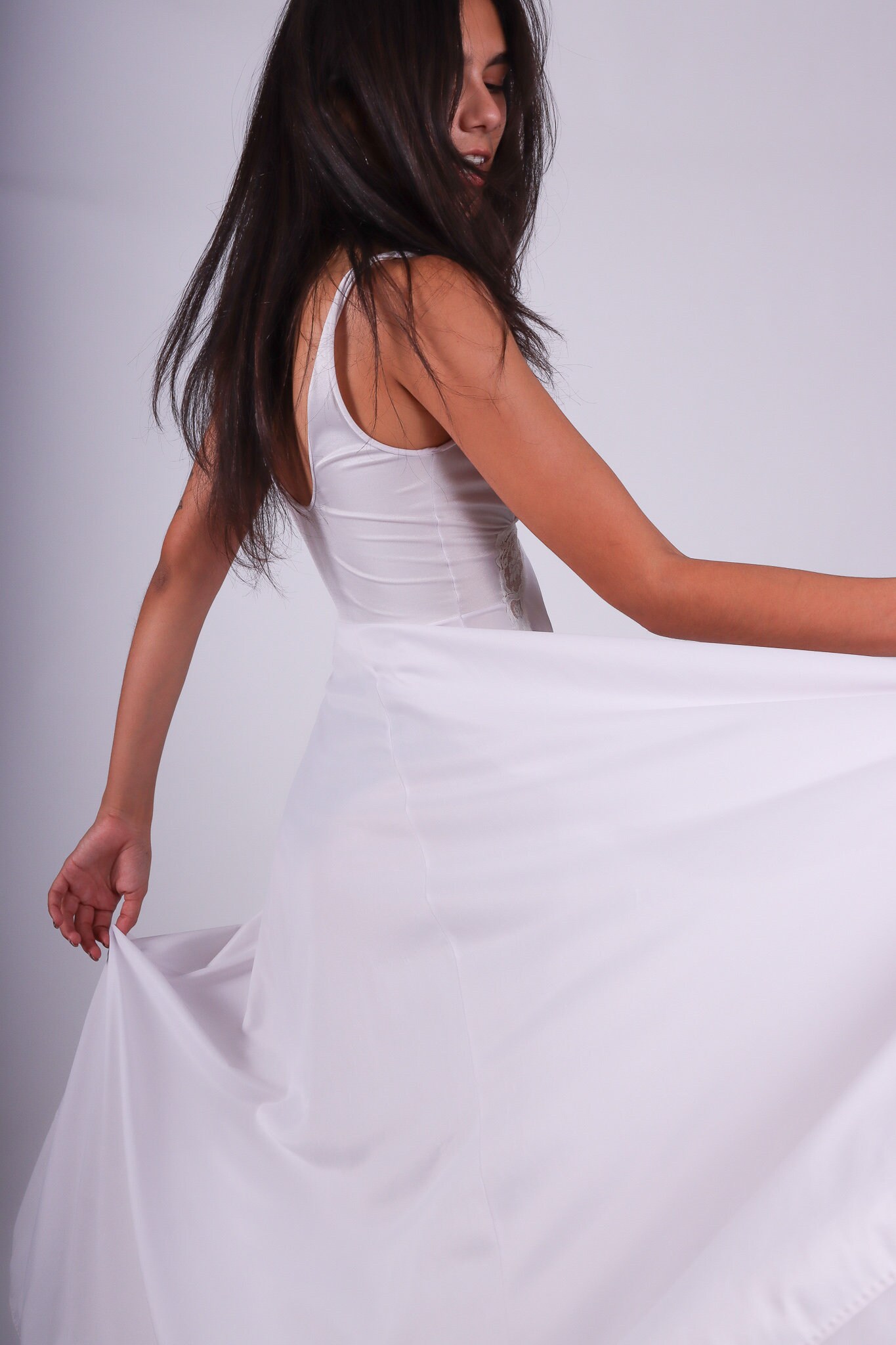 Vintage 1970s Olga White Long Night Gown W White Lace Butterfly Bust
