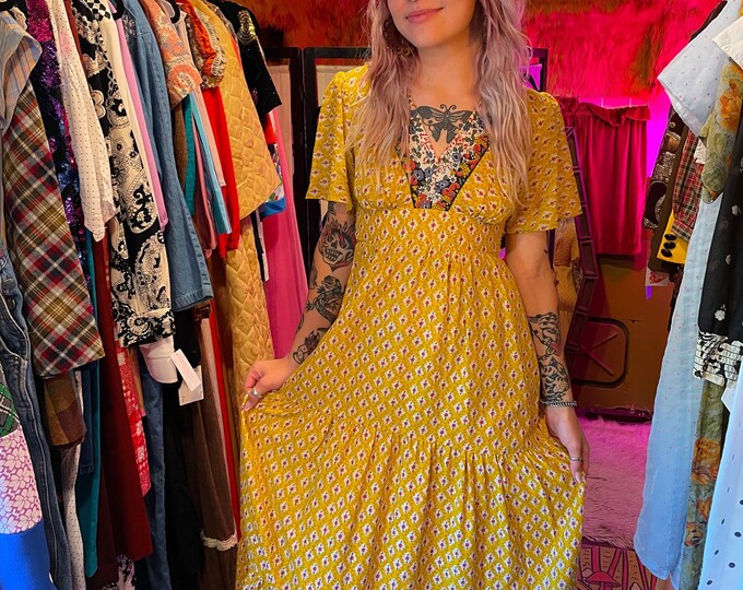Vintage 1970's 'terri Juniors California' Yellow Floral Boho Prairie ...