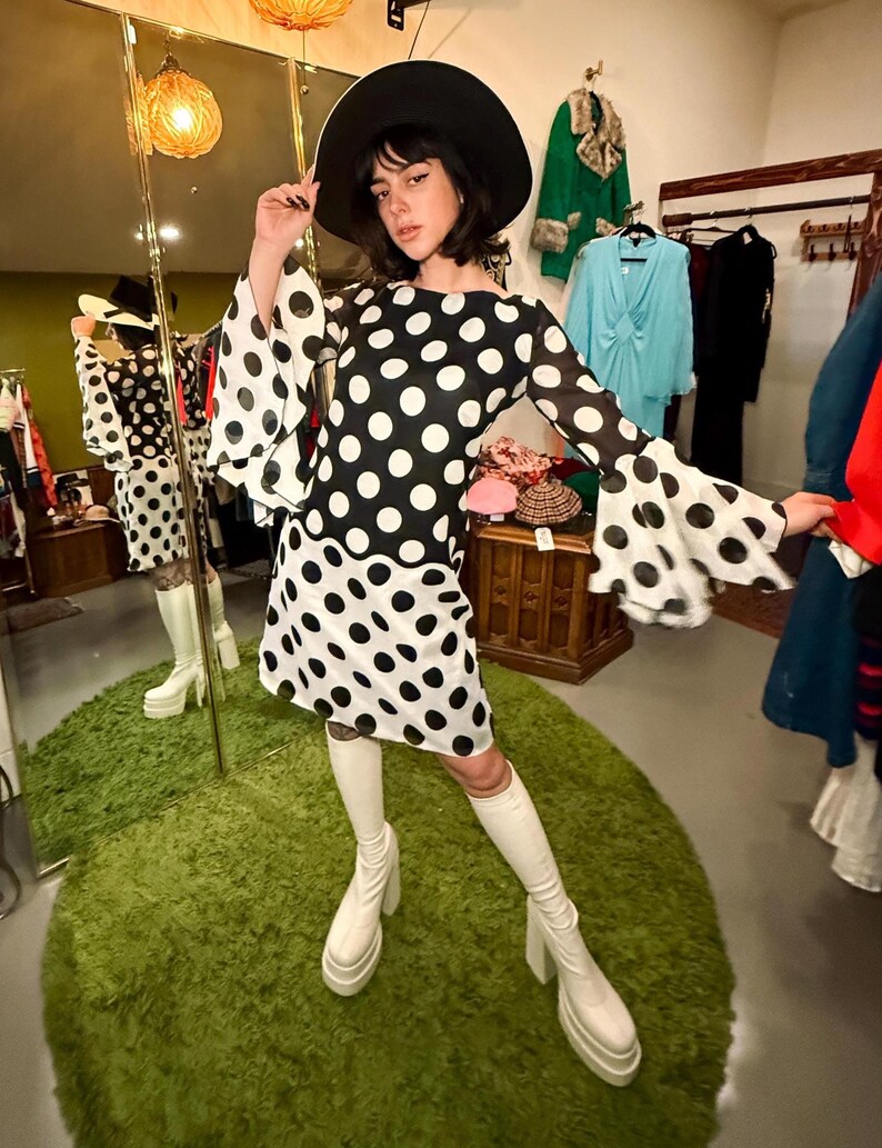 Vintage 60's Stellar Sheer Polk a Dot Bell Sleeve Mod Dress - Etsy