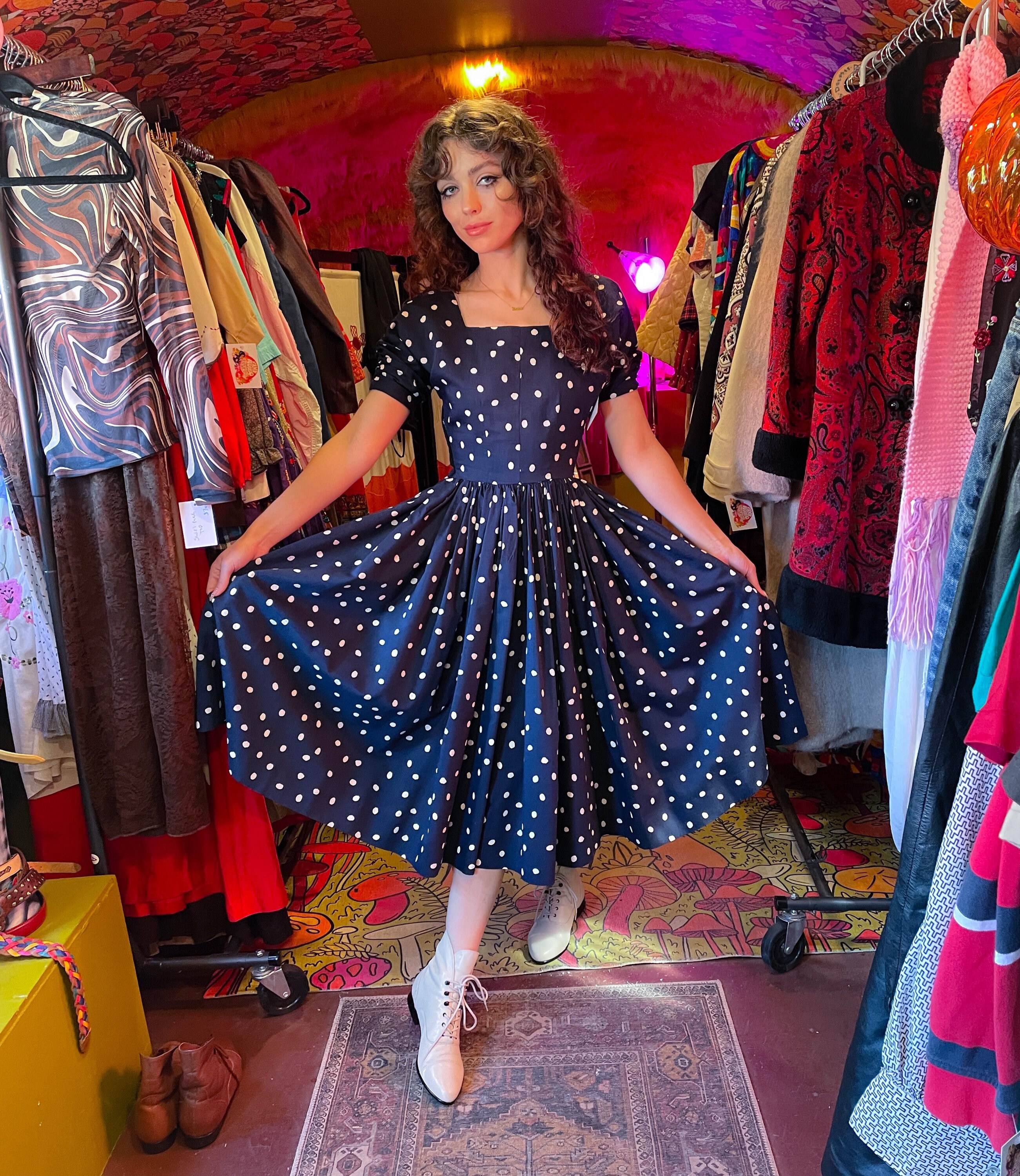 Vintage 1940 1950's Navy Blue Polka Dot Full Dress | Etsy