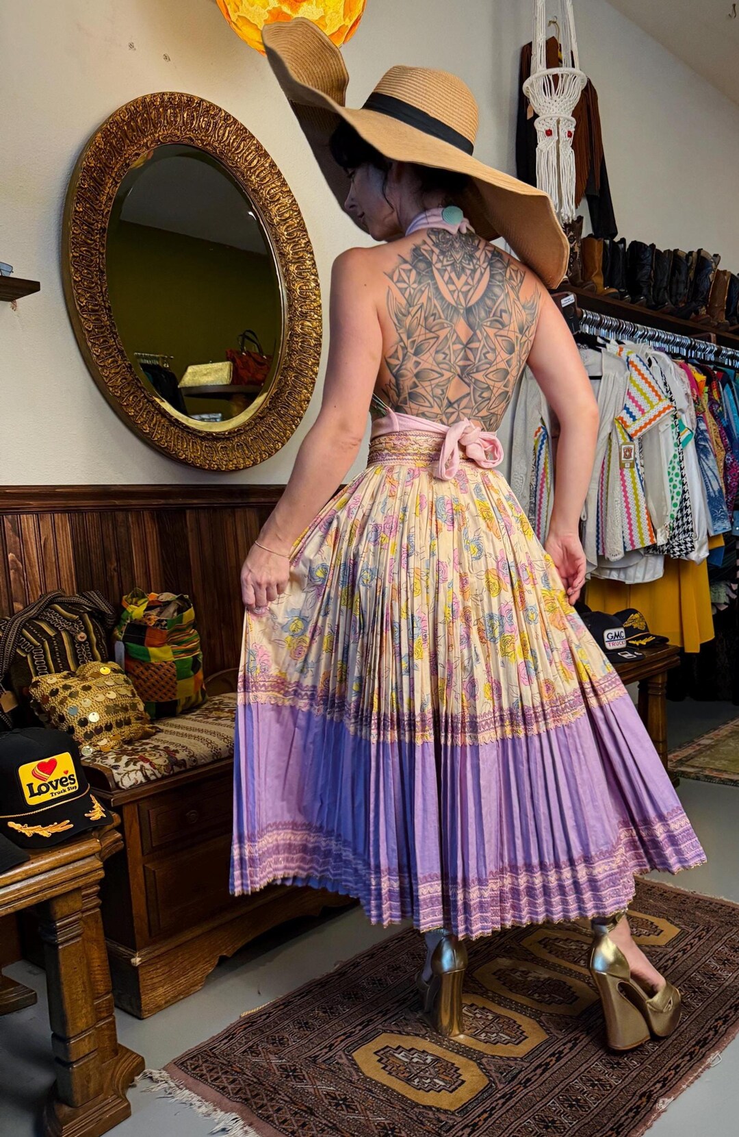 Vintage 50s Floral Patio Skirt: Pleated Full Circle, Lavender Trim - Etsy