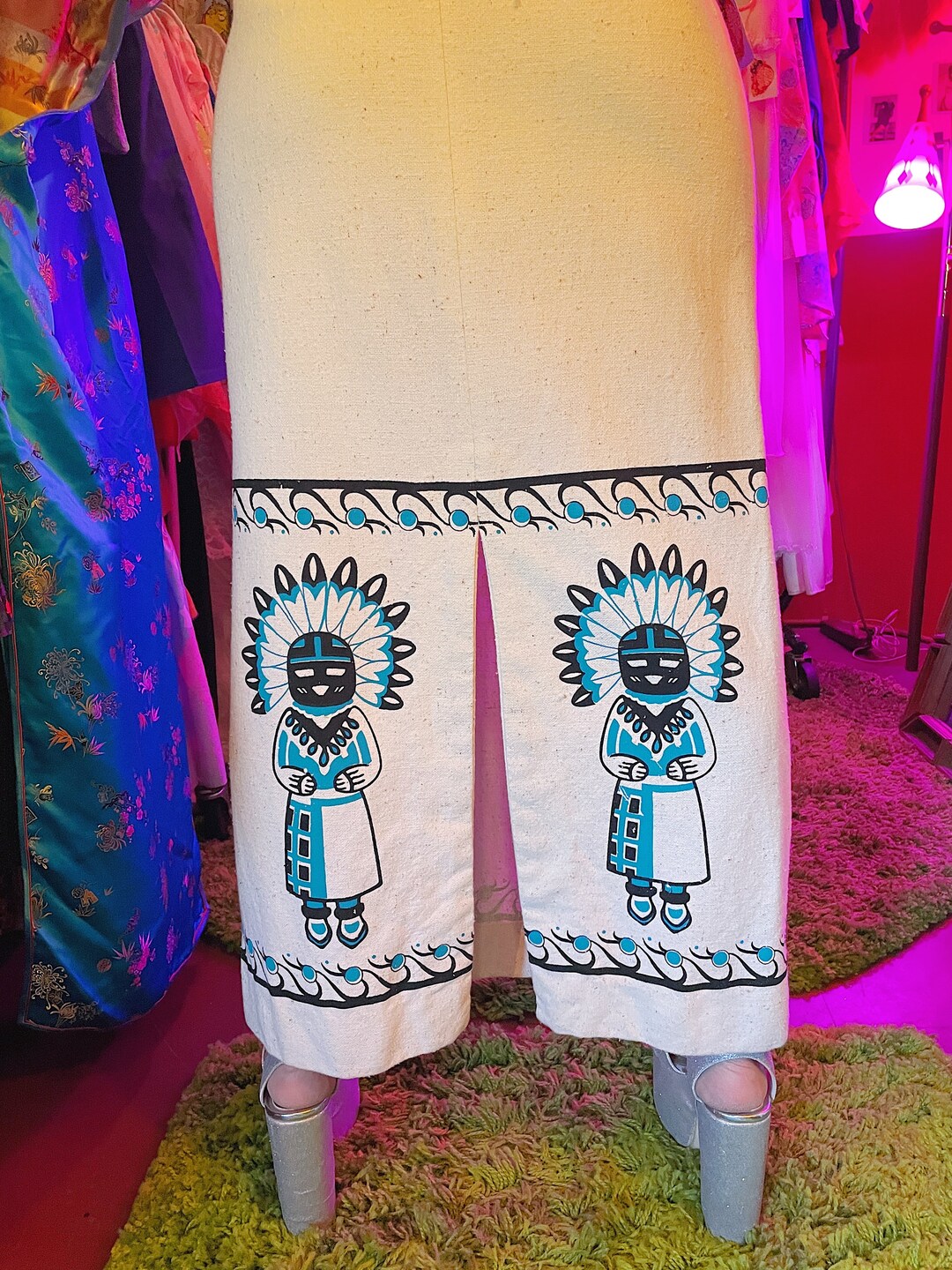 Vintage High Waisted Southwestern Art Kachina Doll Painted Skirt - Etsy