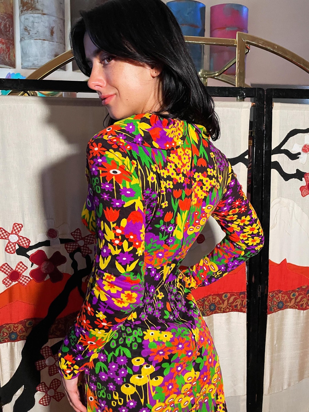 Vintage 60's Colorful Psychedelic Floral Large Collared Dress - Etsy