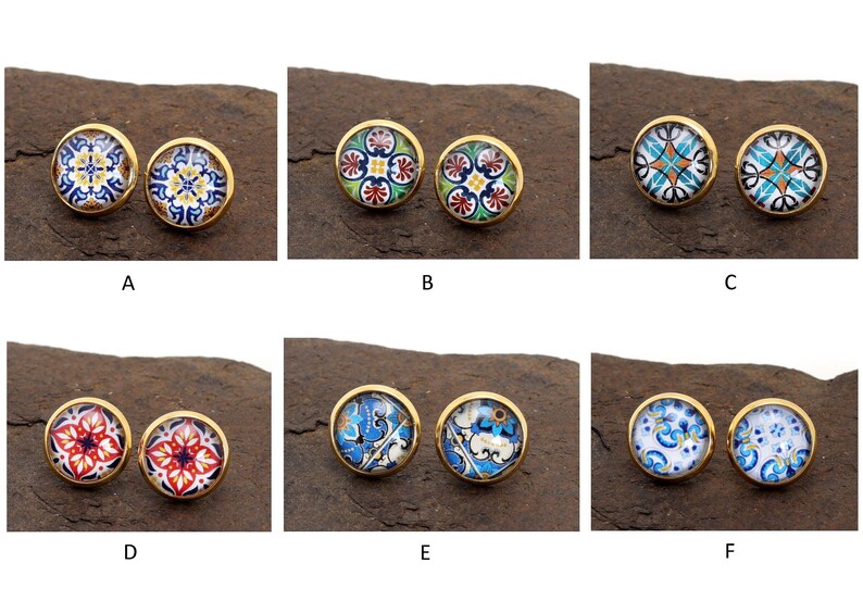 Stud Earrings, Colorful Portuguese Tile Jewelry, Stainless Steel, Small ...
