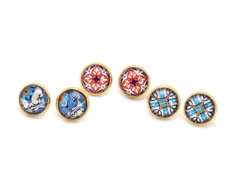 Stud Earrings, Colorful Portuguese Tile Jewelry, Stainless Steel, Small ...